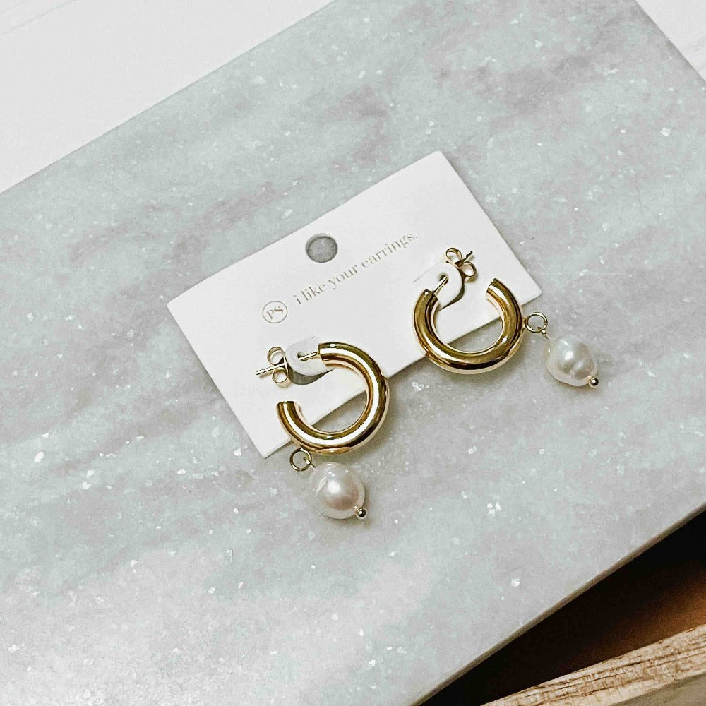 Pearled Dangle Hoop Earrings WATERPROOF Wholesale - Pretty Simple Wholesale